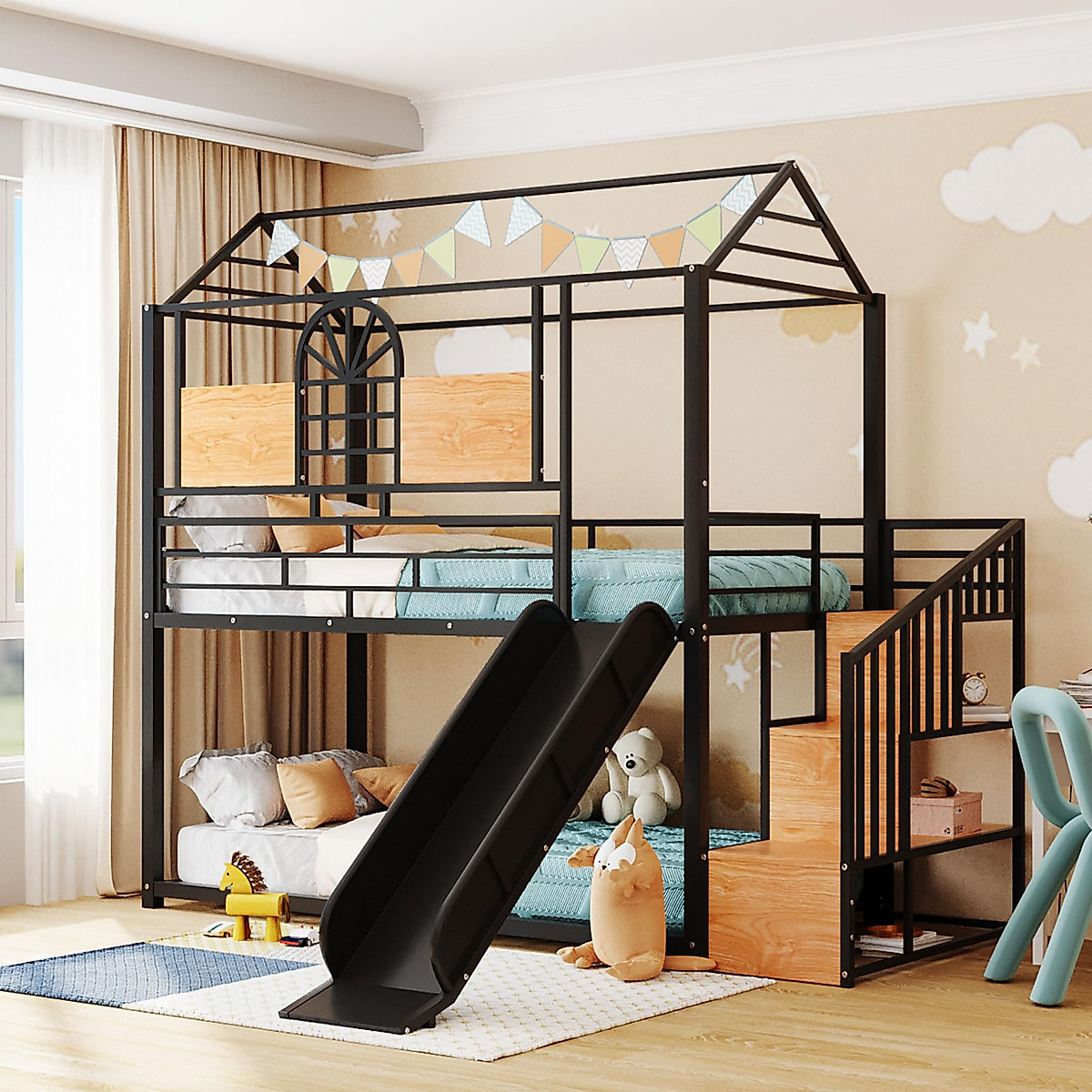 Twin Over Twin Bunk Bed with Slide, House Floor Bunk Bed with Storage Stairs and Shelves, Twin Bunk Beds for Kids, Girls, Boys, Black Bunk Bed Twin Size