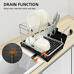 IKAYAA 2-Tier Dish Drying Rack, Dish Rack and Drainboard Set with Swivel Spout, with Cup Holder, Premium Aluminum, for Small Kitchen Countertop, Black Tray + Silver Frame