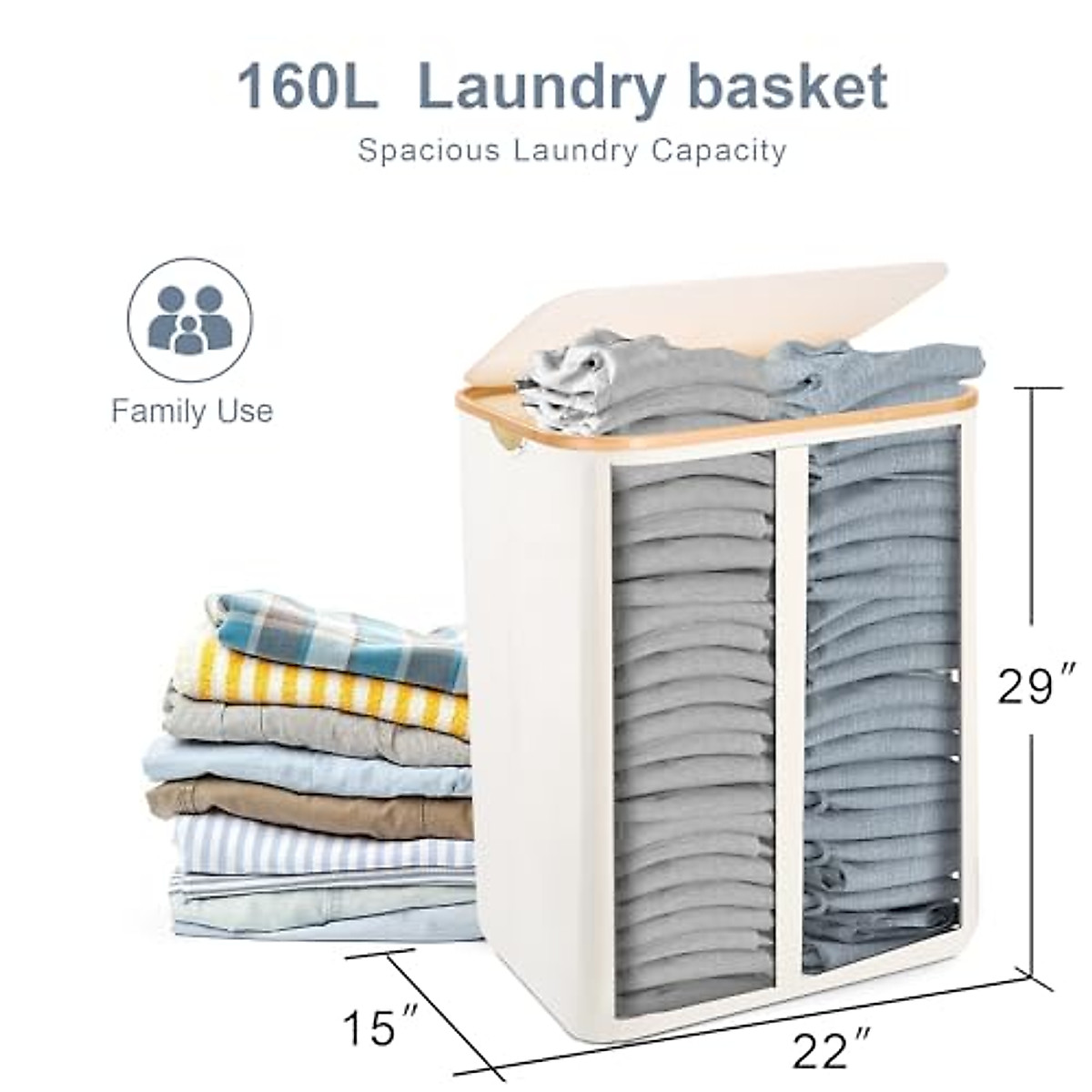 Laundry Hamper 2 Section, 160L Extra Large Laundry Basket with Lid, Double Hampers with 2 Removable Bags for Bathroom, Bedroom, Home, Toy Organizer, Beige