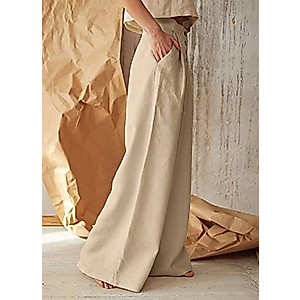 chouyatou Women's Summer High Waisted Cotton Linen Palazzo Wide Leg Casual Pants with Pockets (Large, Khaki)
