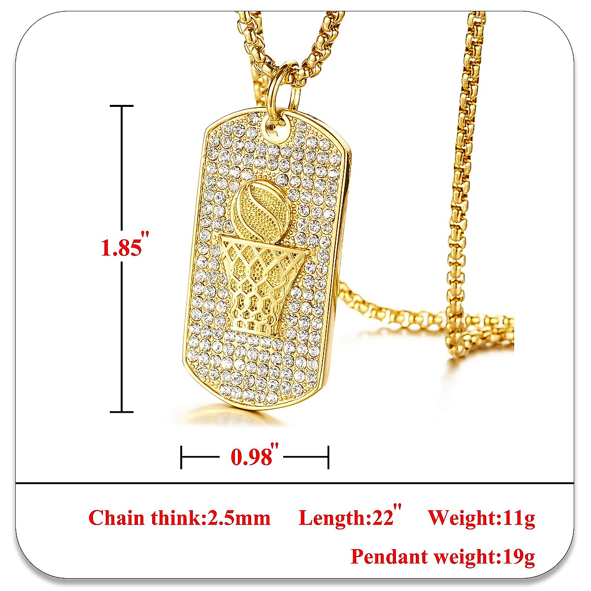 PEAS 18K Gold Plated Jewelry Basketball Hoop Dog Tag Pendant Iced Out Crystal Necklace,22" Box Chain