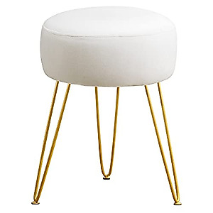 LUE BONA Vanity Stool, White Vanity Stools for Makeup Room, Round Ottoman Foot Stool, Velvet Footrest Vanity Chair for Bathroom Vanity, Bedroom, Living Room, Entryway, Offices