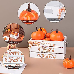 10 Pcs Thanksgiving Pumpkin Mini Wood Crate Set Happy Fall Y'all Table Centerpiece Artificial Pumpkins Fall Table Decor Harvest Tiered Tray Decorations for Thanksgiving Gift Kitchen Home Decor