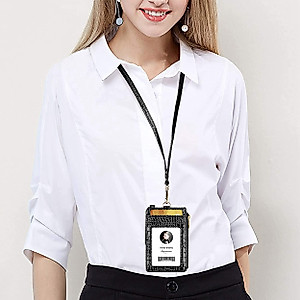 ELV Badge Holder with Zipper, PU Leather ID Badge Card Holder Wallet with 5 Card Slots, 1 Side RFID Blocking Pocket and 20 inch Neck Lanyard Strap for Offices ID, School ID, Driver Licence