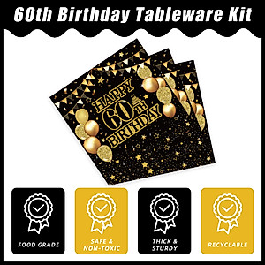 Kepeel 96Pcs 60th Birthday Party Tableware Set, Back in 1965 Birthday Party Decorations Supplies for Men Women Cheers to 60 Years Disposable Paper Plates Napkins Forks Favors, Serve 24