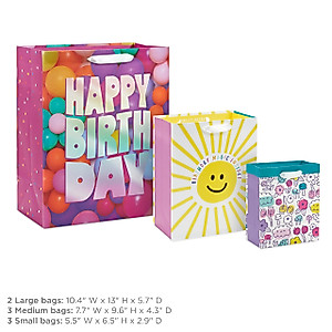 Hallmark Assorted Birthday Gift Bags (8 Bags: 3 Small 6", 3 Medium 9", 2 Large 13") Smiling Sun, Balloons, Cute Flowers and Plants