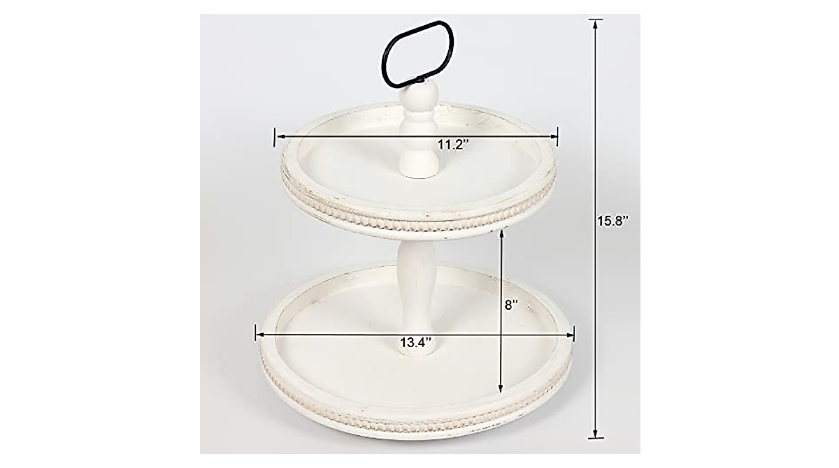 Farmhouse White Two-Tier Tray with Metal Handle for Home Decor