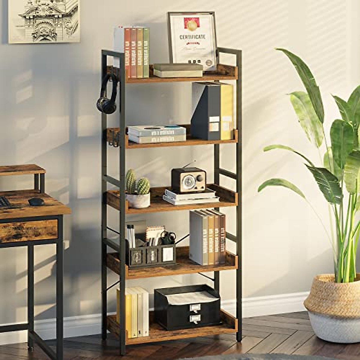 Rolanstar Bookshelf 5 Tier with 4 Hooks, Industrial Wood Bookcase, Vintage Storage Rack with Open Shelves, Rustic Standing Bookshelves Metal Frame Display Rack for Living Room, Bedroom, Rustic Brown