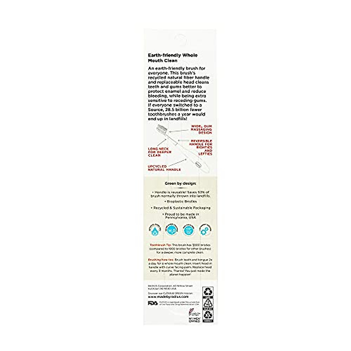 RADIUS Toothbrush Source Floss Brush BPA Free & ADA Accepted Improve Gum Health & Reduce Gum Issues - Medium - Starch - Pack of 1