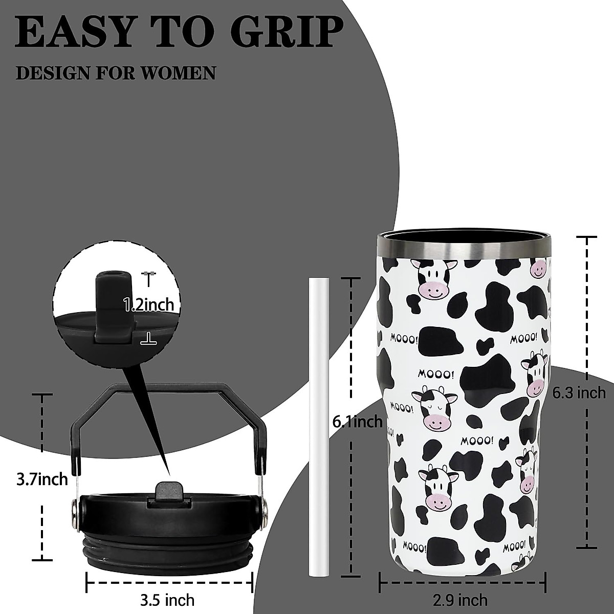 Hachishun Cute Cow Tumbler with Handle, Stainless Steel Vacuum Insulated Flip Straw 20 oz Cow Tumbler Spill Proof Coffee Travel Mug Cow Gifts for Women