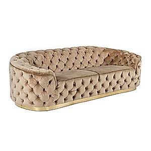 Limari Home Alban Collection Glam Style Living Room Velvet Fabric Upholstered Diamond Button Tufted Sofa With Gold Stainless Steel Accents, Beige