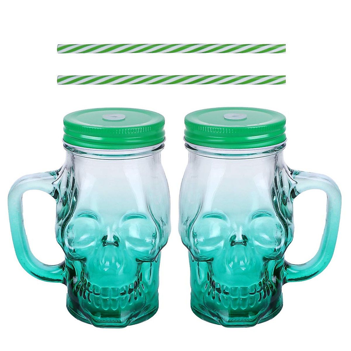 Amosfun 2Pcs glass tumbler with straw and lid skull mason jar cup cups drinking jars clear lids tumblers- Halloween Skull Gradient Glass- Cup Wine Glasses Drink Milk Cup (500ML)