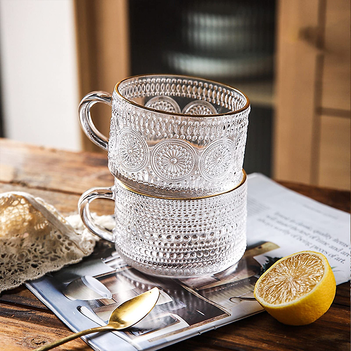 Stackable Vintage Coffee Mug, 14 Oz Clear Embossed Glass Cup, Premium Drinking Glass Tumbler, Tea Cup, Glass Coffee Cup for Cappuccino, Latte, Cereal, Cocktail, Yogurt, Beverage Hot