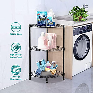 3 Tier Corner Wire Shelving Unit, Adjustable Wire Rack Shelving, Metal Wire Storage Shelves for Kitchen, Pantry, Laundry, Bathroom, Closet (13.8" D x 13.8" W x 31.5" H, Black)