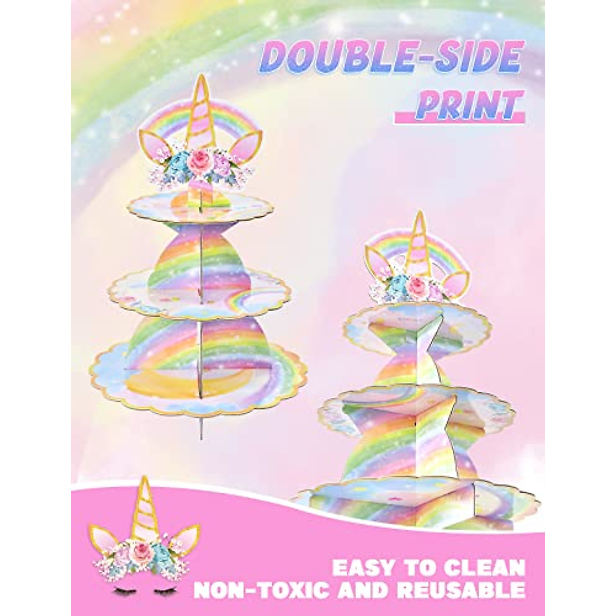 Unicorn Cupcake Stand - Unicorn Birthday Party Decorations for Girls Kids 3-Tier Cardboard Cupcake Stand Dessert Tower Holder Round Serving Tray Stand Unicorn Horn Theme Baby Shower Party Supplies