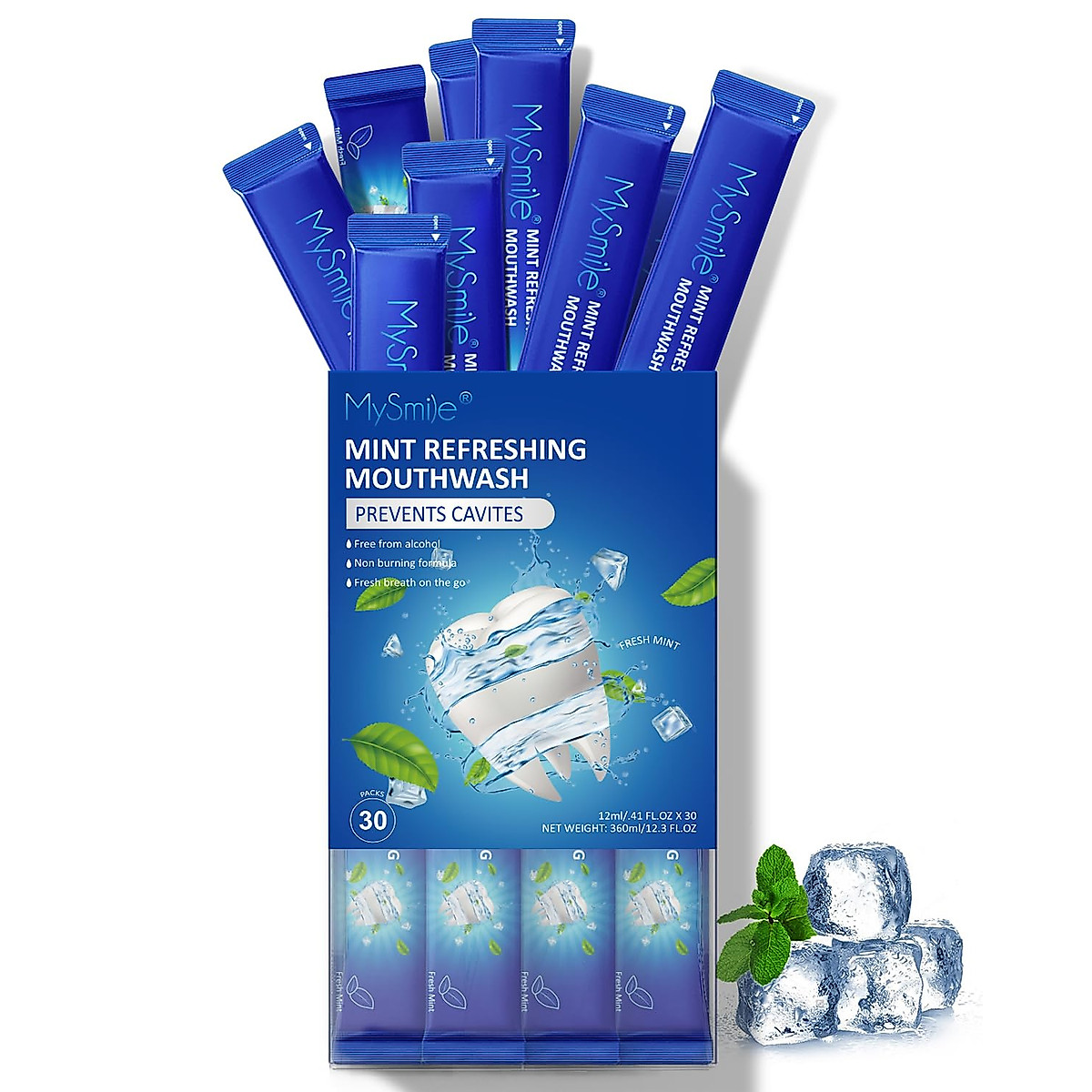 MySmile Mouthwash Alcohol Free, Mouth Wash for Adults, Travel Mouthwash Helps Kill 99% of Bad Breath Germs, Prevents Cavities, Fluoride Free, Fresh Mint, 30 Uses (0.41 Fl Oz (Pack of 30))