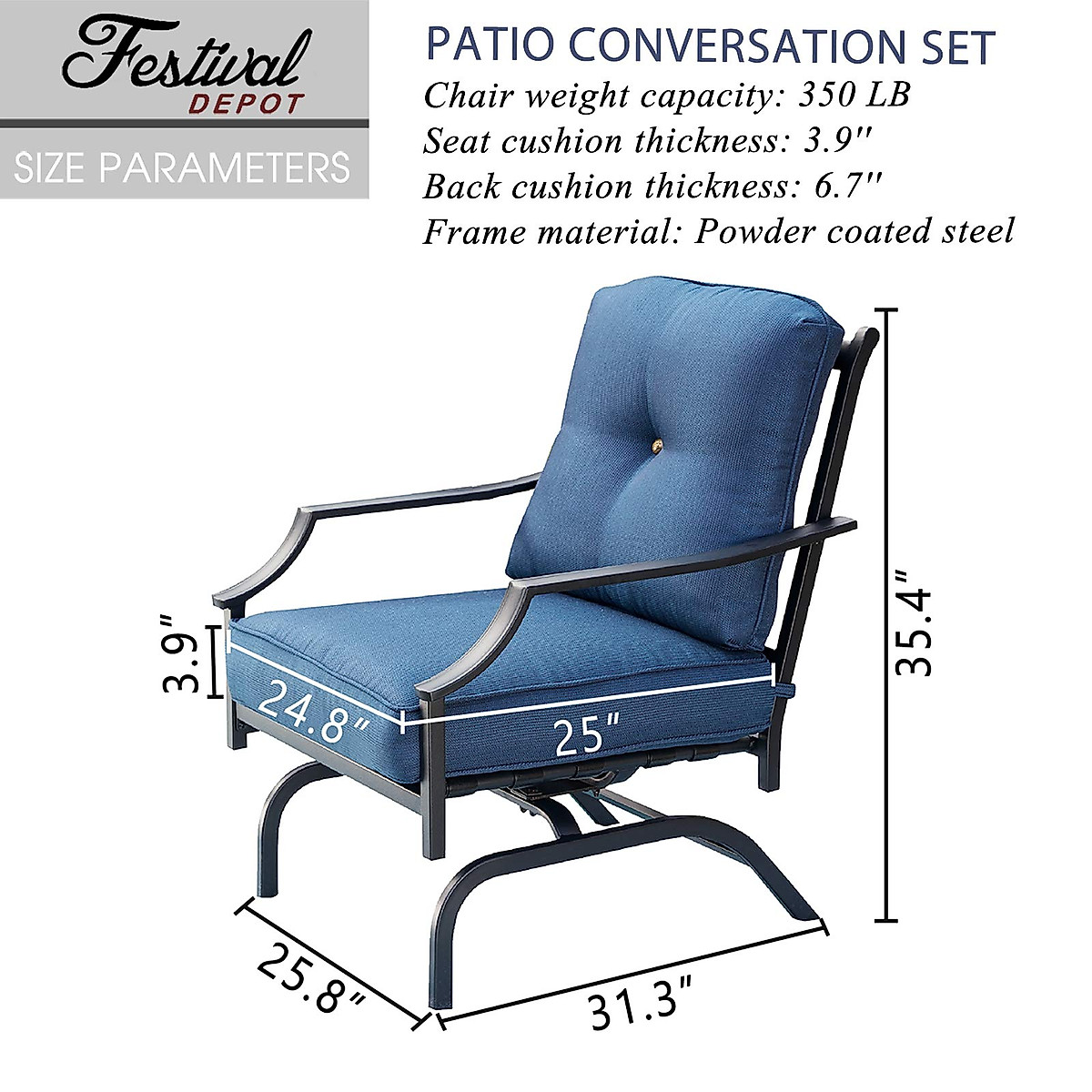 Festival Depot Patio Dining Chair Set of 2 Metal Armchairs with Thick Cushions Outdoor Furniture for Bistro Garden (Blue)
