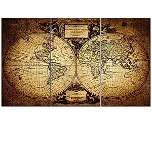 Welmeco Large 36"x60" Ancient Map of the World Wall Canvas Prints Retro Map Poster Framed and Stretched Painting Vinitage Old Map for Living Room Office Decoration (20"x36"x3 pcs)
