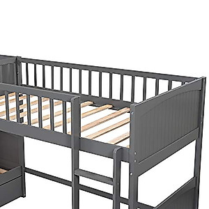 Harper & Bright Designs L-Shaped Twin Size Bunk Bed and Loft Bed with Two Storage Drawers and Guardrail (Grey)