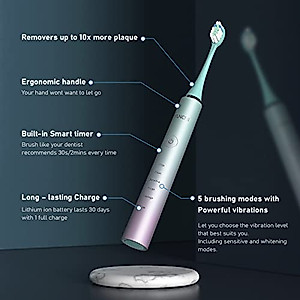 YUNCHI Sonic Electric Toothbrush for Adults & Kids, Y7 Rechargeable Toothbrushes, 10 Dupont Brush Heads, 5 Modes Fast Charge for 30 Days, 40,000 VPM Motor & 2 Mins Timer Tooth Brush, Green