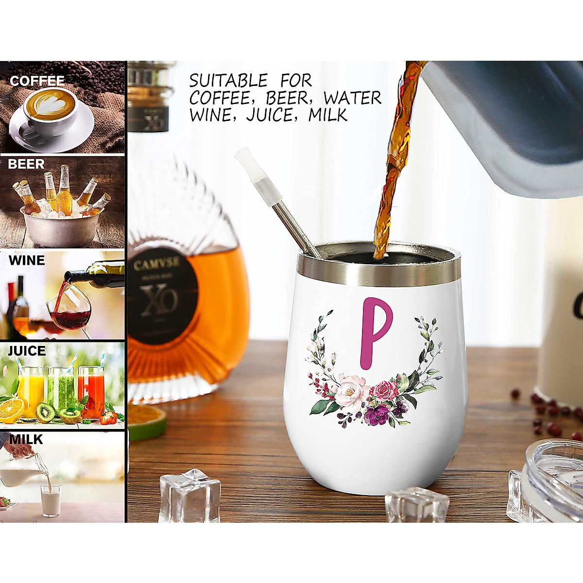 PFL Wedding Gifts for Maid of Honor From Bride -Bachelorette Party Gifts-Bridal Shower Bridesmaids Best Friends Sister -12oz Women Monogrammed Wine Tumbler Coffee Mug Cup Glass -Initial Letter P