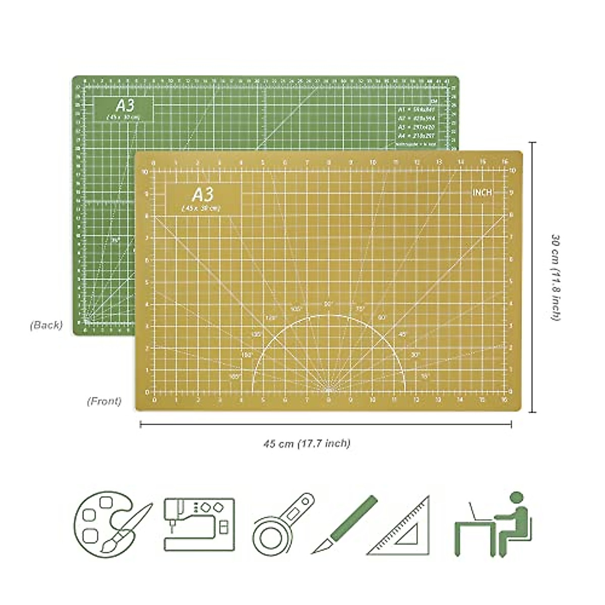 Self Healing Cutting Mat 12inch x 18inch,Professional Double Sided Durable Non-Slip Rotary Mat for Scrapbooking, Quilting, Sewing-3mm Thick 5-Ply A3(fern green/ochre yellow)