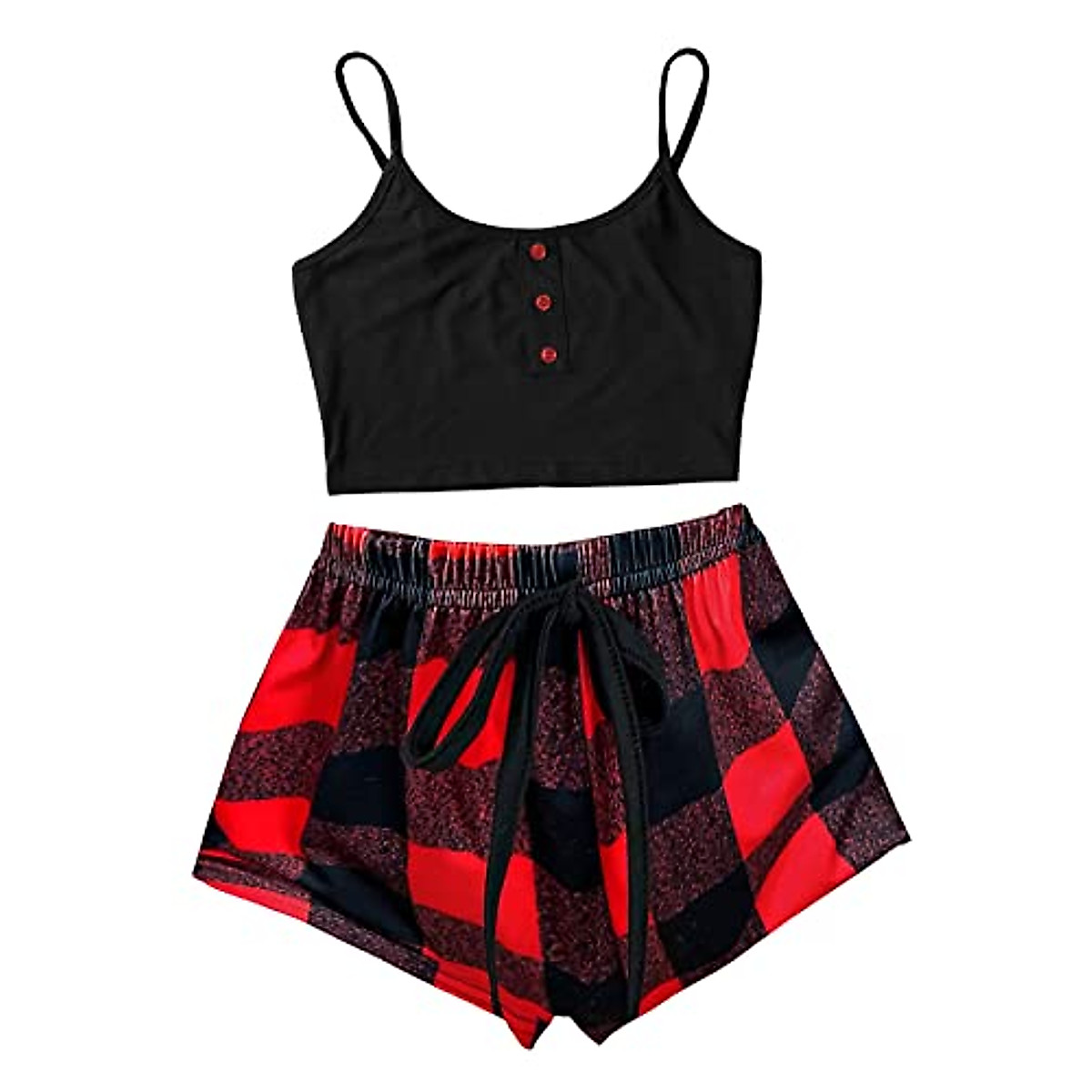 SOLY HUX Womens Pajama Set 2 Piece Lounge Sets Soft Sleepwear Cami Crop Top and Plaid Shorts Nightwear Red Black Plaid S