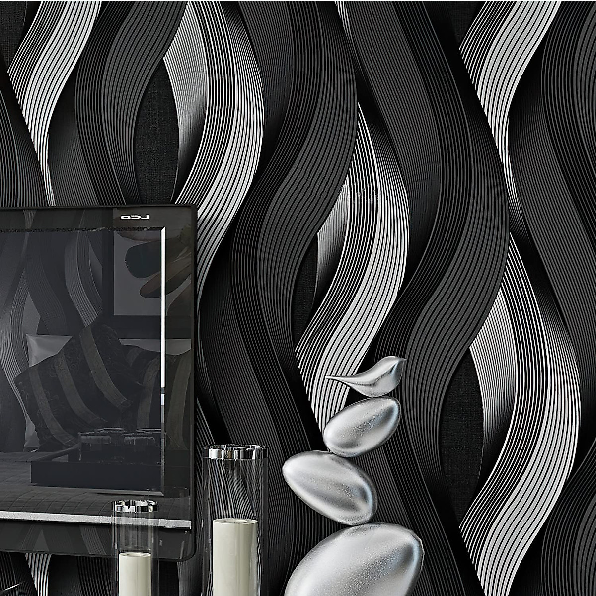 yaretzy Peel and Stick Wallpaper Black/White 3D Wave Stripe Wallpaper Removable Sticky Self Adhesive Wallpaper 20.8inch x 9.8ft