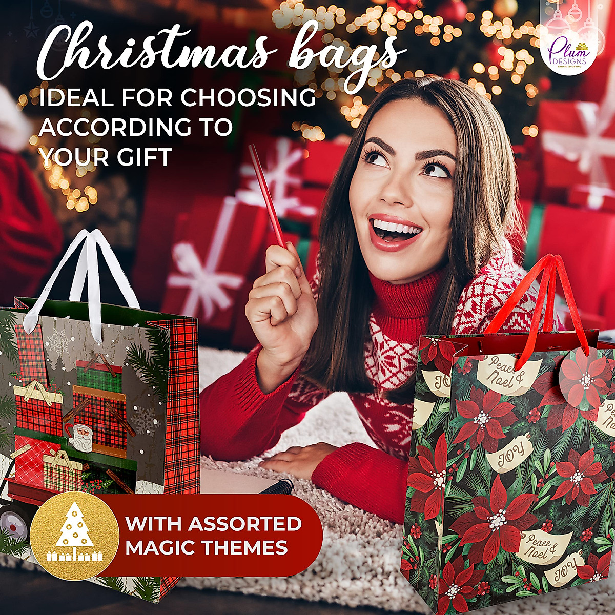 Bulk Christmas Gift Bags Large -18 Creative Elegant Designs- Large Christmas Bags for Gifts with Christmas Tissue Paper Gift Wrap-Holiday Gift Bags Bulk -Large Xmas Gift Bags-12.75"X10.25"X4.5" inches