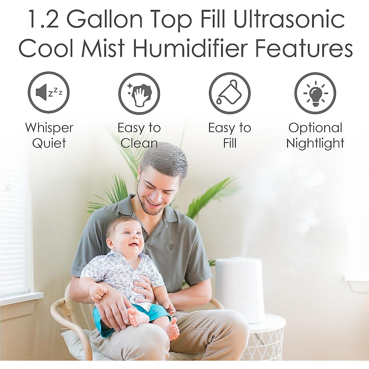 Crane Diffuser and Top Fill Ultrasonic Air Humidifiers for Bedroom and Office, 1.2 Gallon Cool Mist Humidifier for Large Room and Home, No Humidifier Filters Needed, White