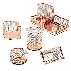Rose Gold Desk Organizer Set for Home and Office Supplies, Accessories with Pen, Pencil, Business Card, Note, and Clip Holders