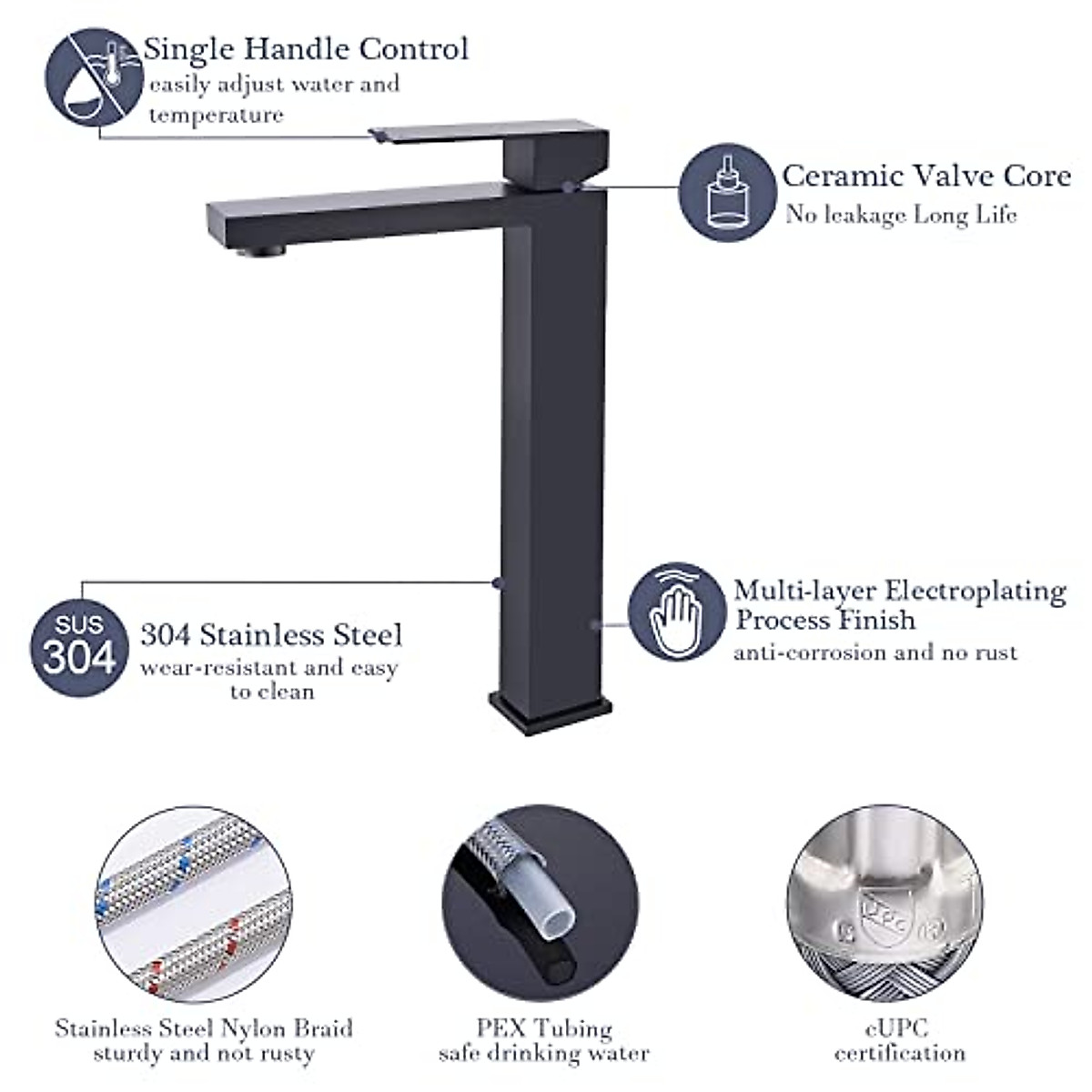 TNOMS Black Bathroom Faucet, Tall Vessel Sink Faucet Single Handle Lead-Free Stainless Steel Modern Basin Faucet Fit Household or Commercial, H005-BK