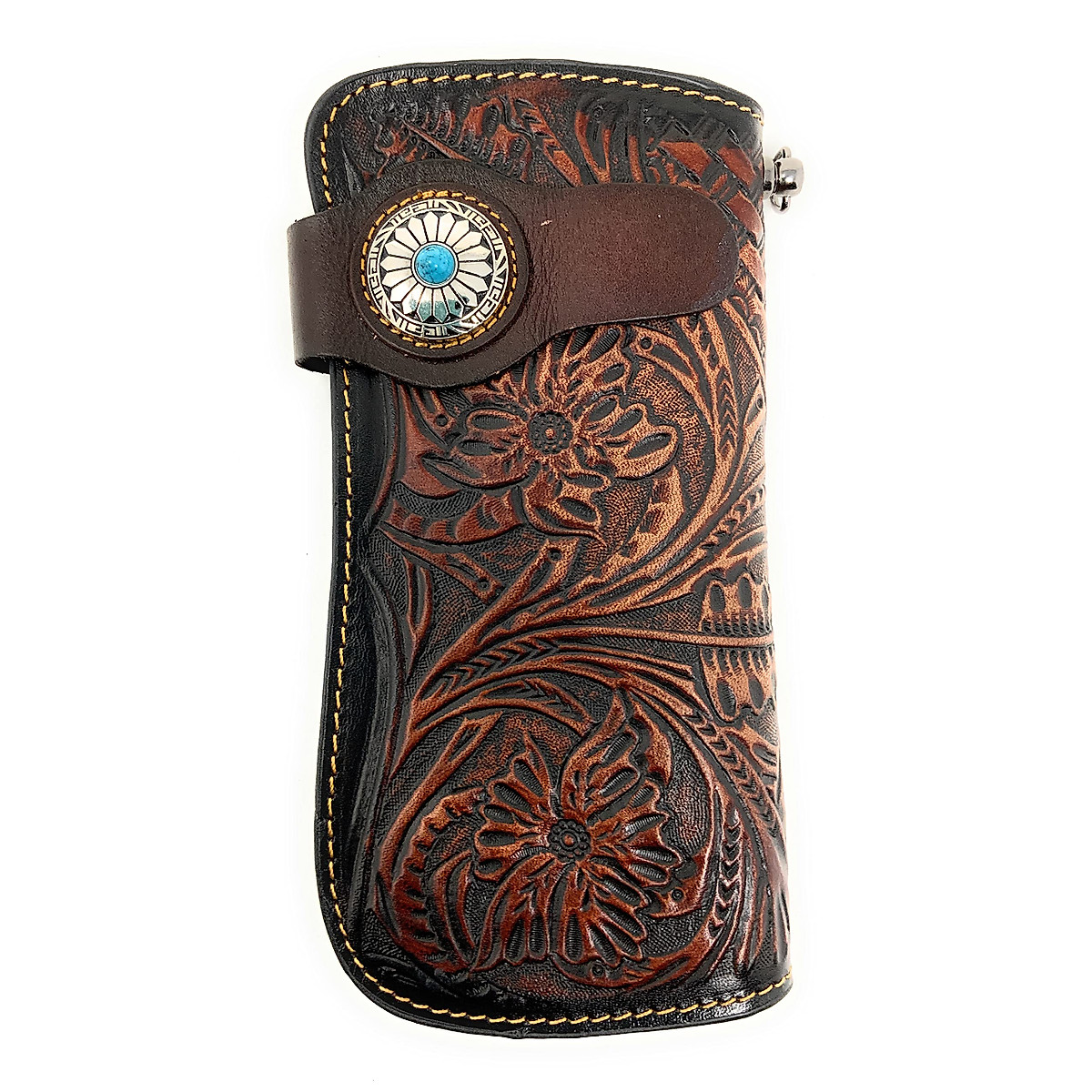 Large Concho and Print Flora Genuine Leather Women's Trifold Wallet/Cellphone Case with Exrta Wrist in 3 colors (Brown)