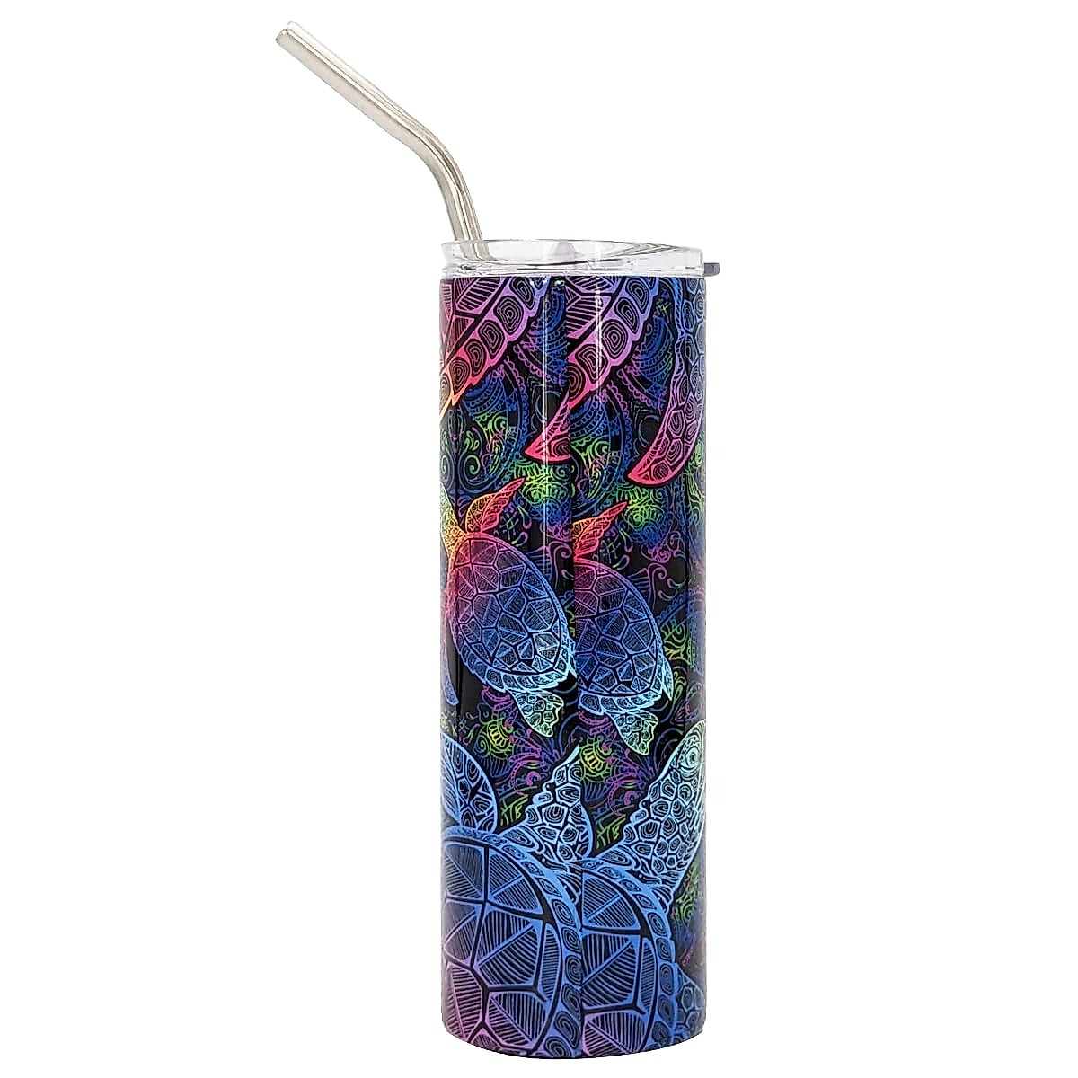 Siesta Drinkware - Personalized 20oz Mermaid and Sea Skinny Tumbler - Silicone Nonslip bottom and Double wall Vacuum Insulated - Stainless Steel (Rainbow Turtles)