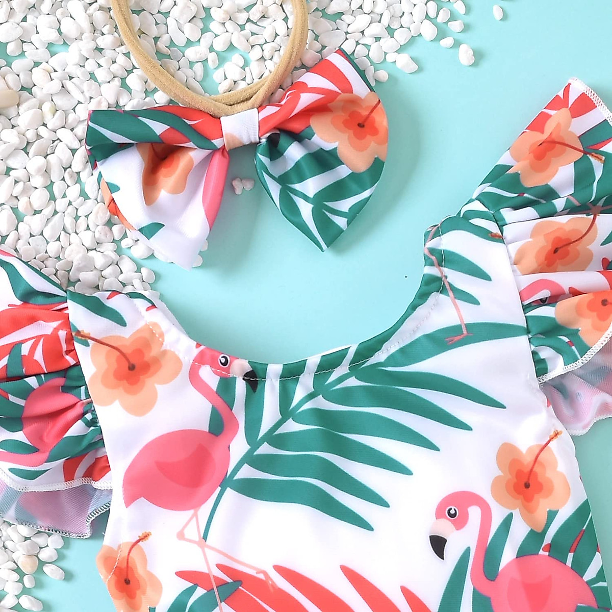 MINIFEIKO Toddler Baby Girl Tropical Swimsuit Newborn Girls One Piece Ruffle Bathing Suit with Headband Summer Bikini Swimwear for Infant Girls(Palm Leaf,12-18 Months)