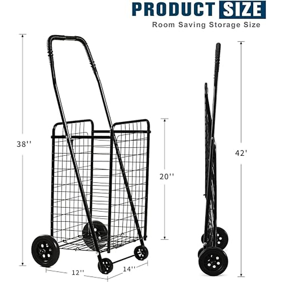 Deluxe Folding Shopping Cart with Four Wheels- 90 lb Capacity，Folding Shopping Cart, Utility Cart for Grocery Laundry Book Luggage Travel