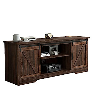 Kasibie Farmhouse 65" TV Stand, Modern TV Stand Brown, Entertainment Center with Storage Cabinet, Sliding Barn Door Media Cabinet (Brown)