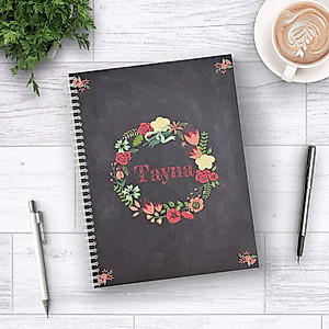Floral Wreath Personalized Monthly and Weekly HARDCOVER Planner and Organizer, 1 full year, DATED or UNDATED OPTION, 8.5" x 11", lay flat wire-o spiral binding