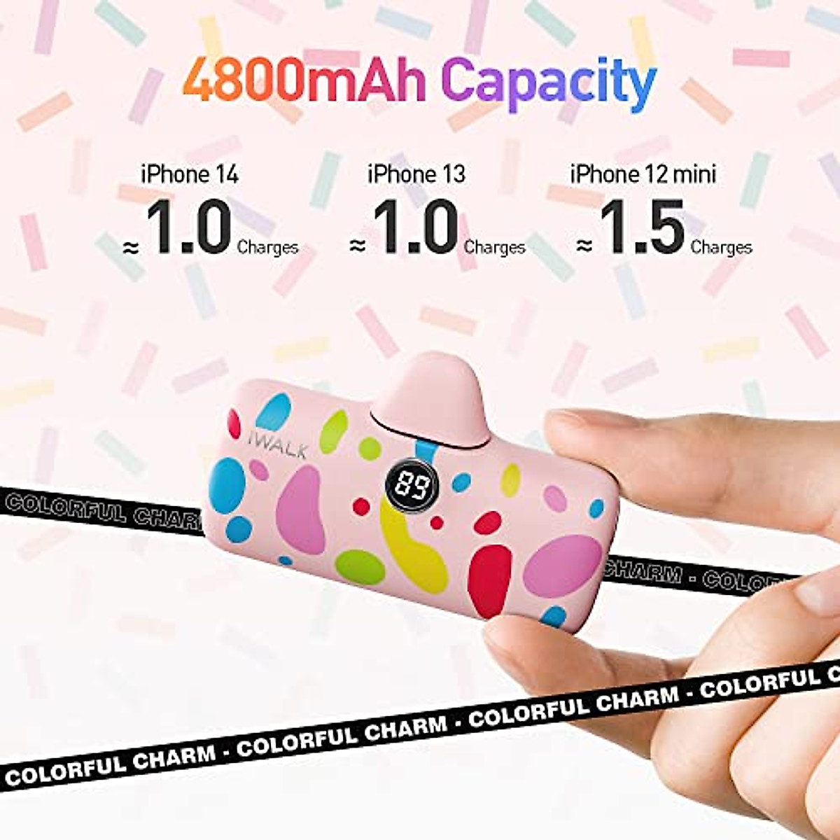 iWALK Small Portable Charger with Pattern, 4800mAh Colorful Mini Power Bank PD Fast Charging Cute Battery Pack with LED Display Compatible with iPhone 14/14 Pro Max/13/12/11/X/8/7/6 Series, Pink
