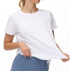 THE GYM PEOPLE Women's Workout T-Shirts Loose Fit Short Sleeve Cotton Running Basic Tee Tops with Split Hem White