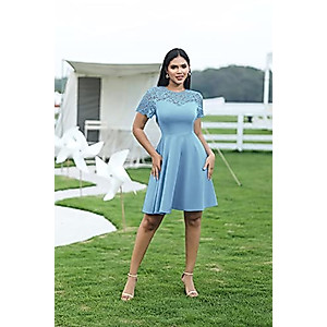 Kate Kasin Women's Retro Crewneck Lace Splicing A Line Cocktail Dress Formal Wedding Guest Party Sexy Prom Dresses Short Light Blue S