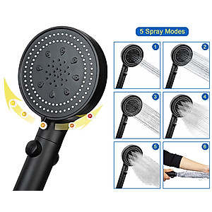 SoaShower High Pressure Handheld Shower 5-Settings、Leakproof Extra Long 78 Inch Stainless Steel Hose、Adhesive Shower Head Holder（Height/Angle Adjustable）、Matte black(Classic)、ON/OFF Pause Switch