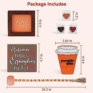 Fall Table Decor, Farmhouse Fall Home Decor Set with 3 Heart Blocks, 3 Wooden Signs and Wood Bead Garland for Tiered Tray, Shelf and Mantle - Fall Decorations for Home (Tray not Included)