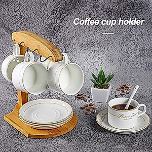 TAIHE Coffee Mug Holder, Coffee Mug Rack with Saucer Basket Storage, 6 Hooks can Hanging Your Love Mug & Cup & Tea Cup, Countertop Cup Hold 8x6 x9 (Natural Bamboo)