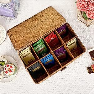 ELLDOO Tea Bags Box with Lid, Wicker Rattan Sugar Packet Holder Coffee Station Condiment Organizer Countertop Storage Desk Baskets for Pantry Coffee Bar Shelves, 8 Grids