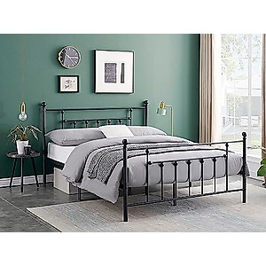 VECELO Full Size Metal Platform Bed Frame with Headboard and Footboard, Heavy Duty Slat Support/No Box Spring Needed Mattress Foundation/Underbed Storage Space, Victorian Style, Black