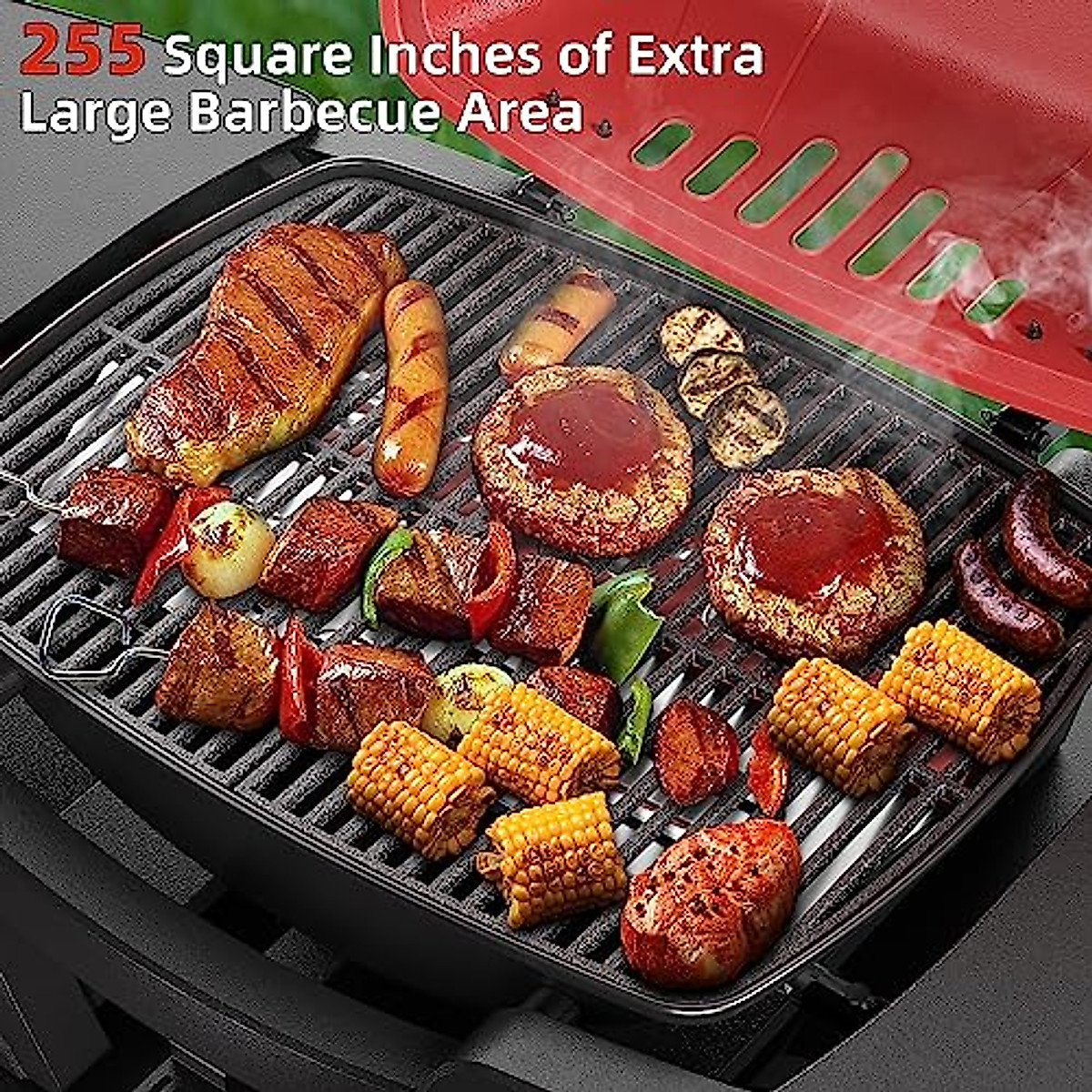 Portable Gas Grill, Portable Propane Grill, Propane Gas Grill, 24,000 BTU Outdoor Tabletop Small BBQ Grill with Two Burners, Removable Side Tables, Gas Hose and Regulator, Built in Thermometer, Red