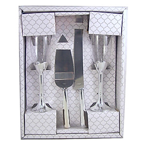 Silver Toned Champagne Flutes and Cake Server Set
