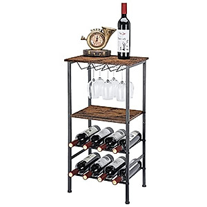 Wine Rack Table, FreeStanding Wine Bar Rack, Wine Bar Cabinet with GlassBottle Holder, Metal and Wood Industrial Wine Cabinet for Home, Floor Liquor Wine Cabinet Storage, for Bar Kitchen Dining