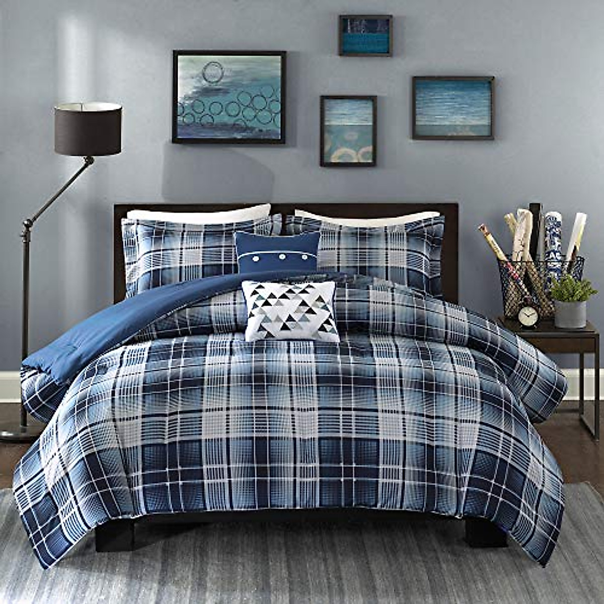 Intelligent Design Camilo Cozy Comforter Casual Cabin Lodge Plaid Design, All Season, Hypoallergenic Cover, Soft Bedding Set with Matching Sham, Decorative Pillow, Blue Full/Queen